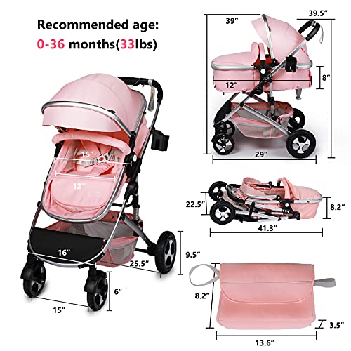 Kinder King 2 in 1 Convertible Baby Stroller, Folding High Landscape Infant Carriage, Newborn Reversible Bassinet Pram, Adjustable Canopy, Diaper Bag, Anti-Shock Toddler Pushchair Stroller, Pink