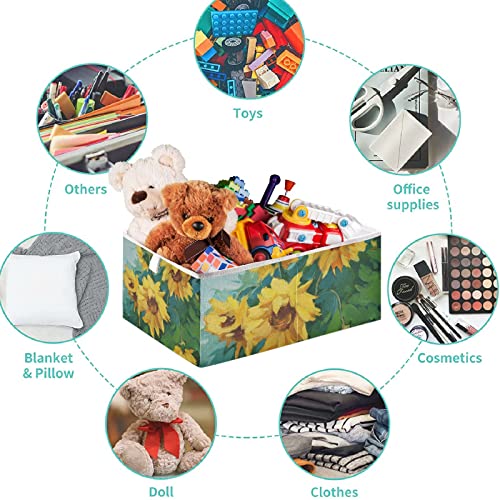 visesunny Closet Baskets Oli Painting Sunflower with Green Leaf Storage Bins Fabric Baskets for Organizing Shelves Foldable Storage Cube Bins for Clothes, Toys, Baby Toiletry, Office Supply