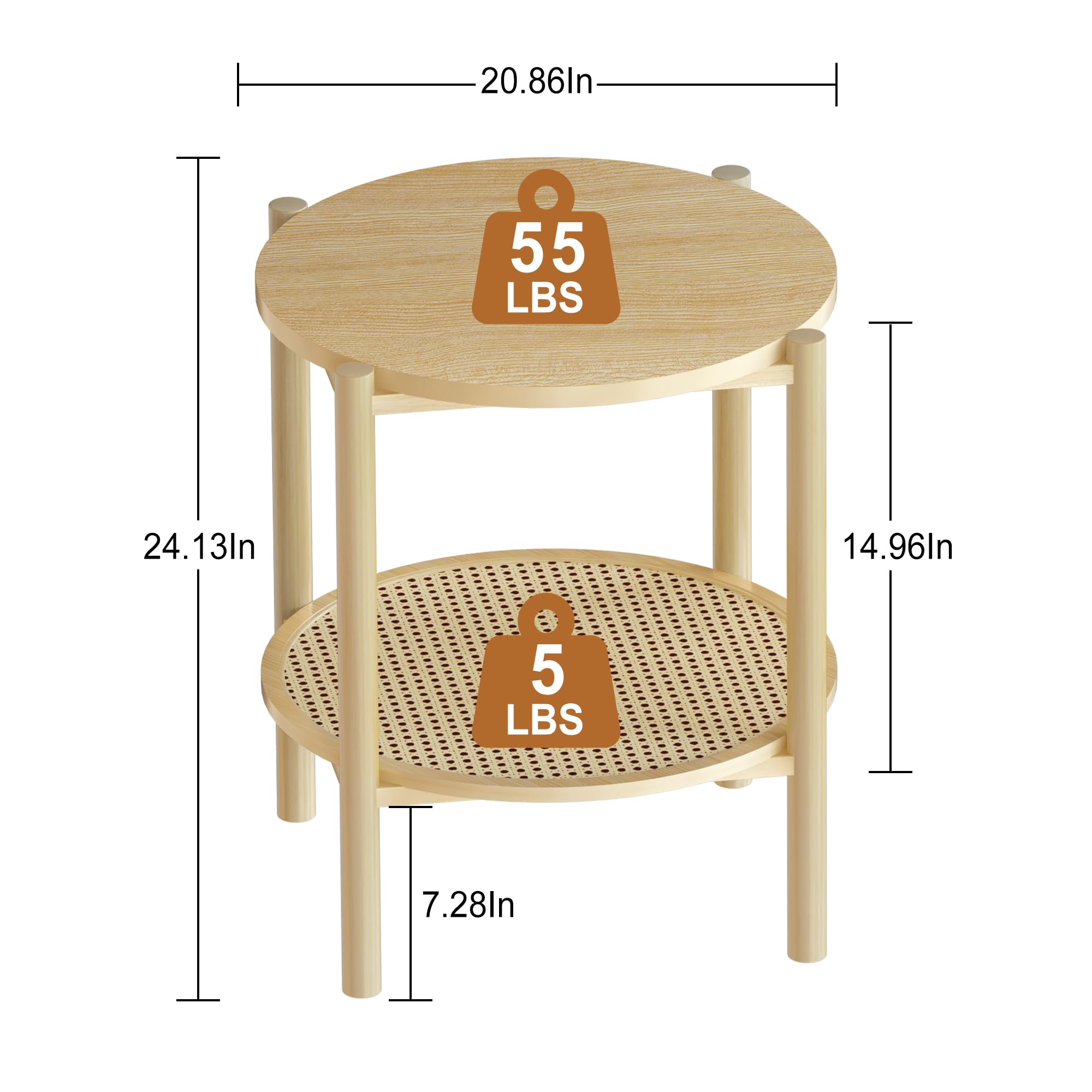 AWQM 2-Tier Round Side Table, Rattan End Table Nightstand with Solid Wood Feet,Boho Bedside Tables Accent Small Coffee Table for Bedroom, Living Room,Natural,1pcs