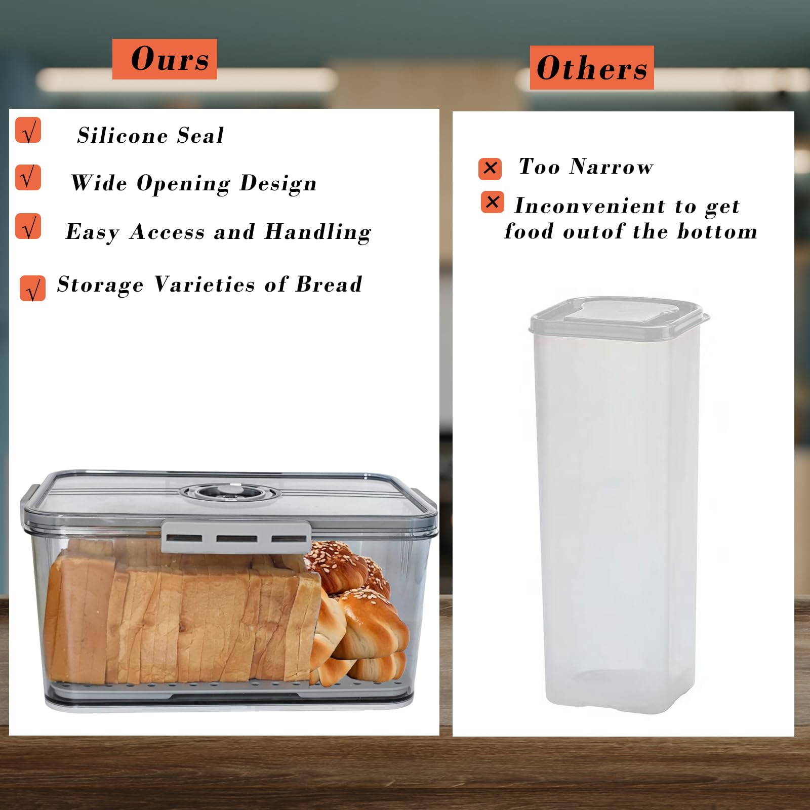 Bread Box with Lid for Kitchen Counter, 10L Airtight Loaf Bread Storage Container,Time Recording Bread Keeper for Homemade Bread, Toast, Bagel, Donut and Cookies (Grey)