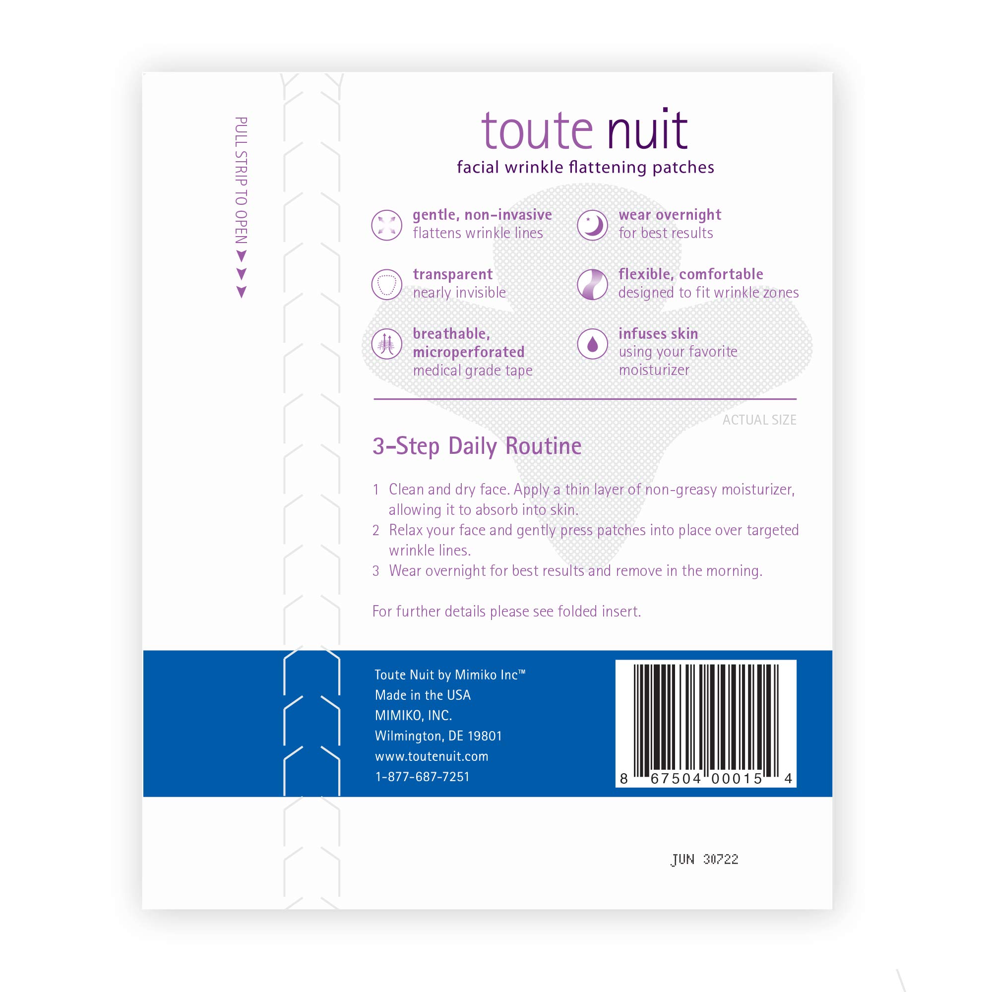 Toute Nuit Facial Wrinkle Patches, Face Tape, Jet, Unisex, Extra Large Frown Lines and Forehead Coverage, 20 Patches