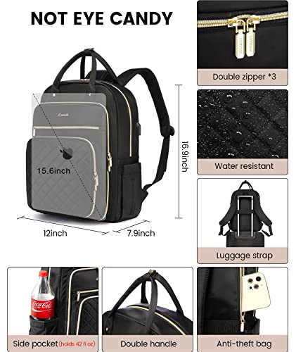 LOVEVOOK Laptop Backpack for Women, 15.6 Inch Computer Backpack for Teacher Nurse with Water Resistant, Lightweight Travel Work Backpack with USB Charging Port, Quilted Commuter Backpack purse, Black
