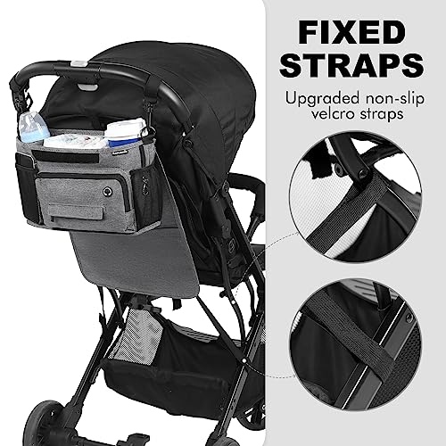 kookoomia Universal Stroller Organizer with Cup Holder, Baby Stroller Caddy Organizer with Extra Storage Bag and Shoulder Strap, Pockets for Phone, Keys and Toys, Large Compacity, Fits Most Strollers