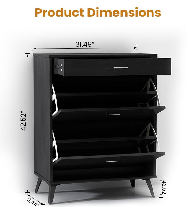 AWQM Shoe Cabinet, Improved Free Standing Shoe Storage Cabinet for Entryway, Modern Narrow Shoe Organizer Rack with 2 Flip Cabinets and Open Shelves- Black