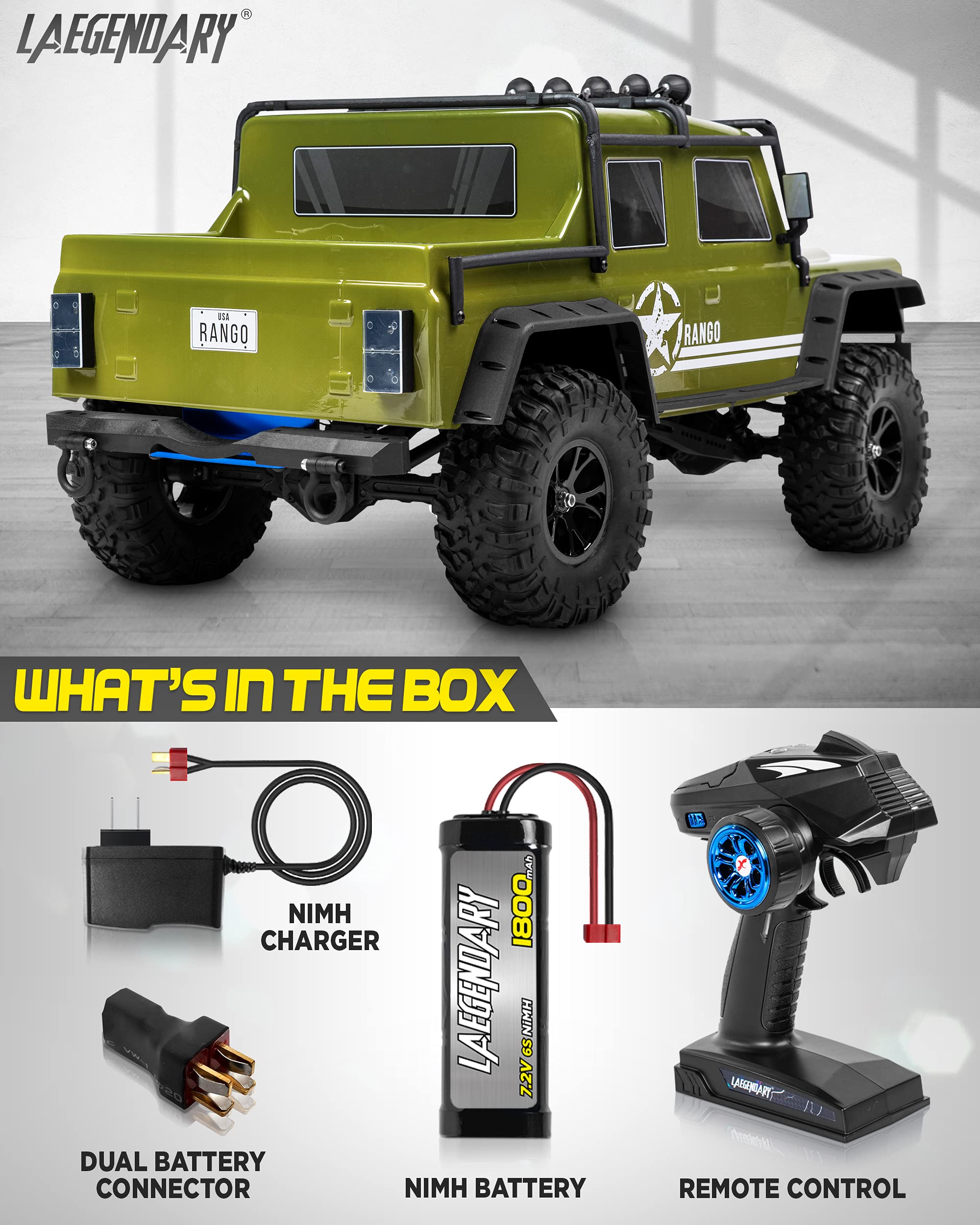 LAEGENDARY RC Crawler - 4x4 Offroad Truck for Adults - RC Rock Crawler, Fast Speed, Electric, Hobby Grade Car - 1:8 Scale, Brushed, Army Green