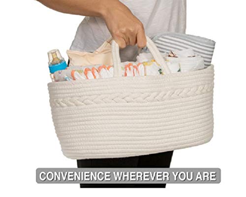 Baby Diaper Caddy Organizer 100% Cotton Canvas Stylish Rope Nursery Storage Bin Large Portable Tote Bag & Car Organizer with Removable Inserts Top Baby Gift Basket and Bonus Diaper Changing Pad