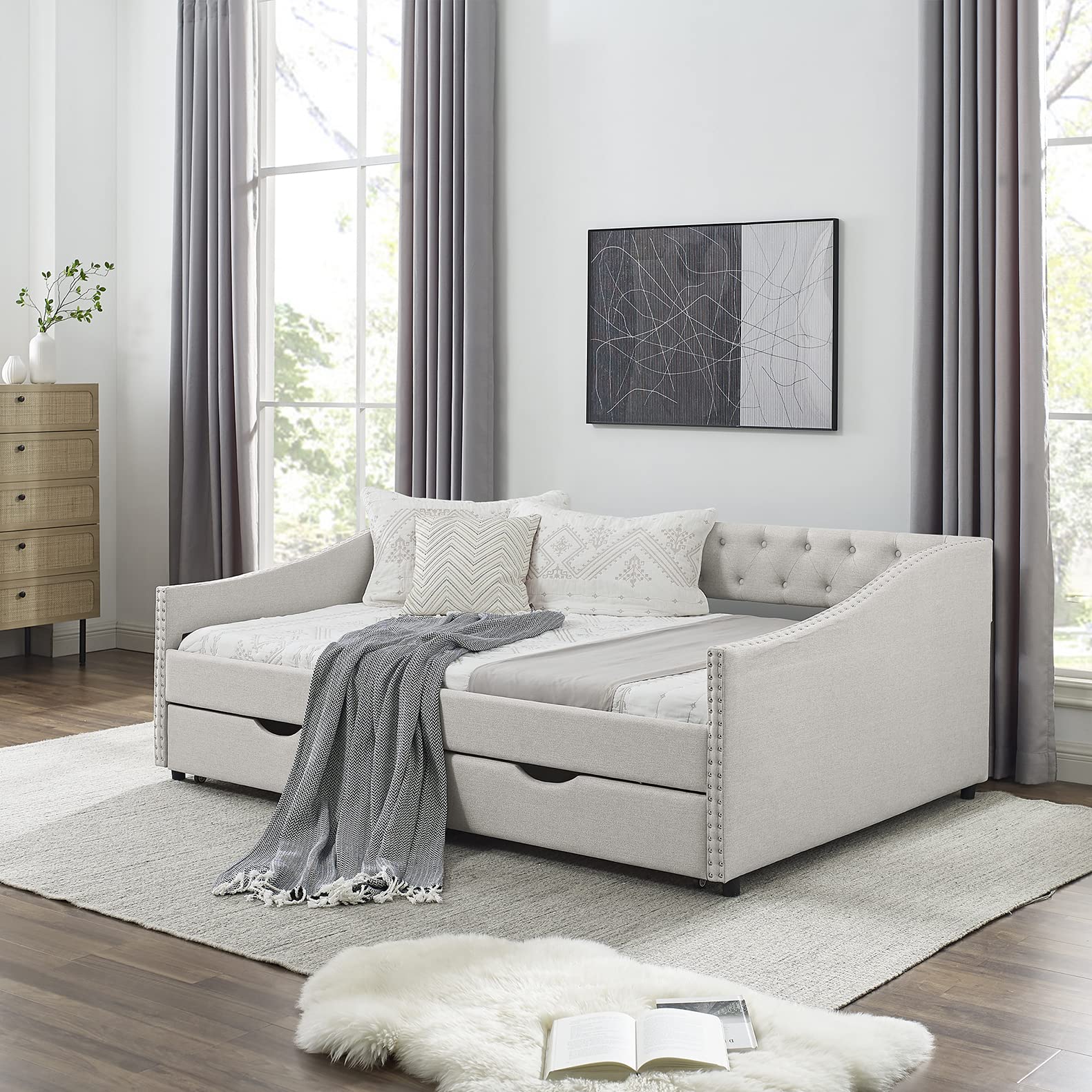 SmartDer Wood Queen Size Daybed, Day Bed Frame with 2 Storage Drawers, Upholstered Bed Frame Queen Sofa Bed with Button and Nailhead Design for Bedroom Guest Room, No Box Spring Needed, Dark Grey