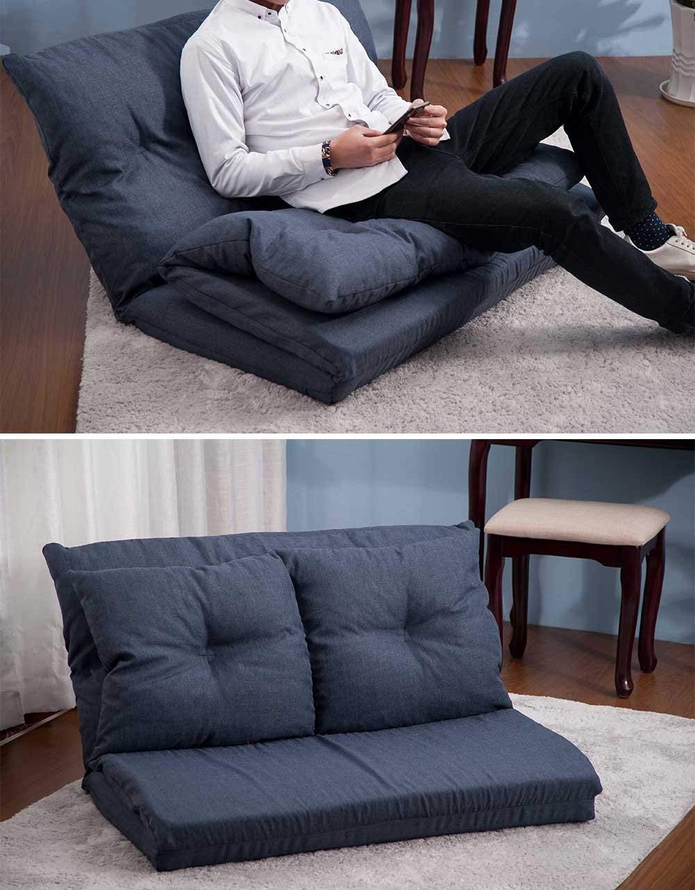 Harper & Bright Designs Floor Sofa Adjustable Lazy Sofa Bed, Foldable Mattress Futon Couch Bed, Navy Blue