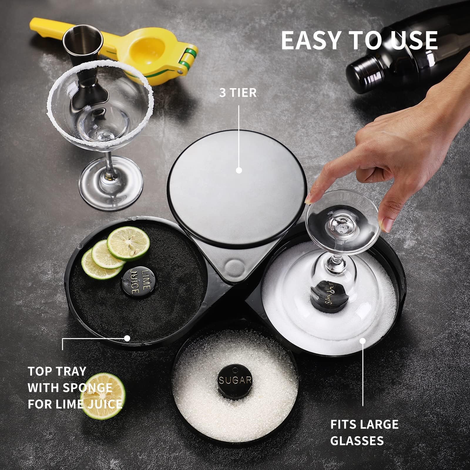 USEEKRIL Margarita Kit - Set of 2 Margarita Glasses (8.5oz), 3-Tier Salt Rimmer, Stainless Cocktail Shaker & Jigger, Coasters,Cocktails Cards,Citrus Squeezer and More - Margarita Kit Gift Set
