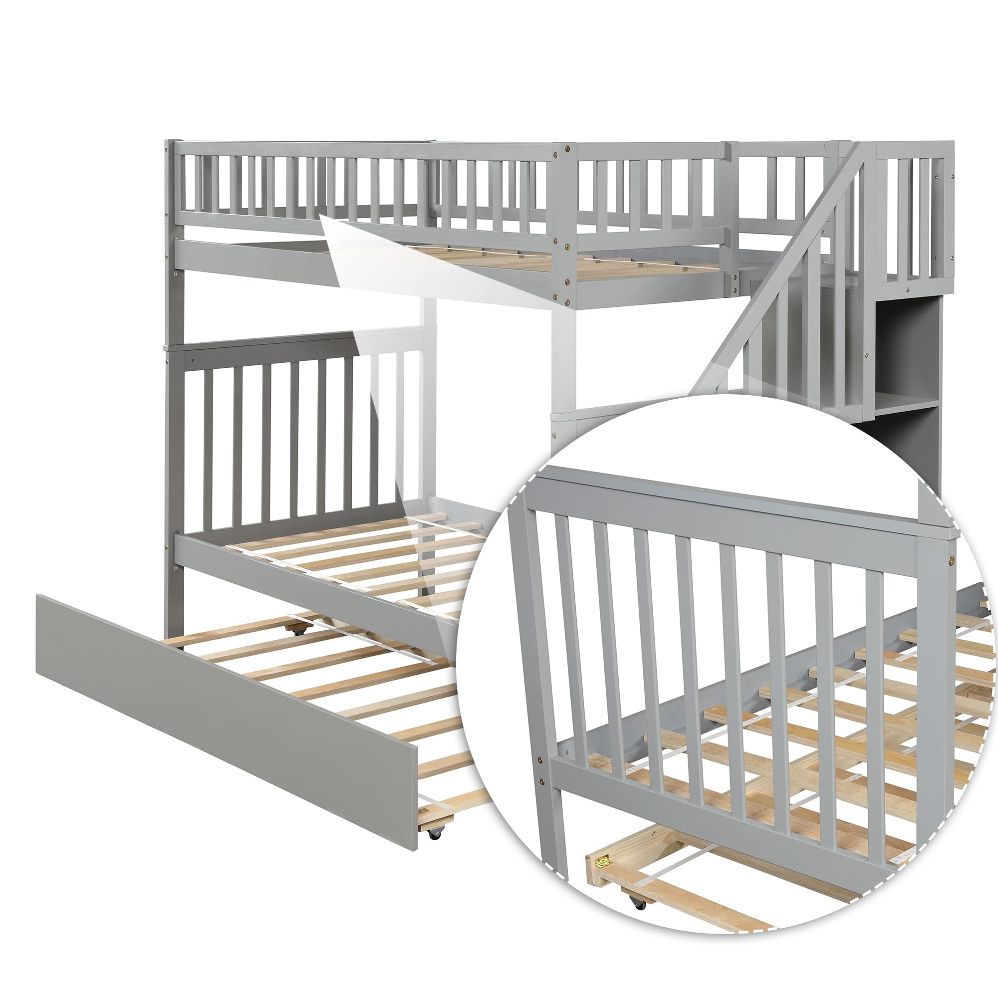 Harper & Bright Designs Bunk Beds Twin Over Twin Size, Solid Wood Bunk Bed with Trundle for Kids and Toddler (Grey Bunk Beds with Trundle)
