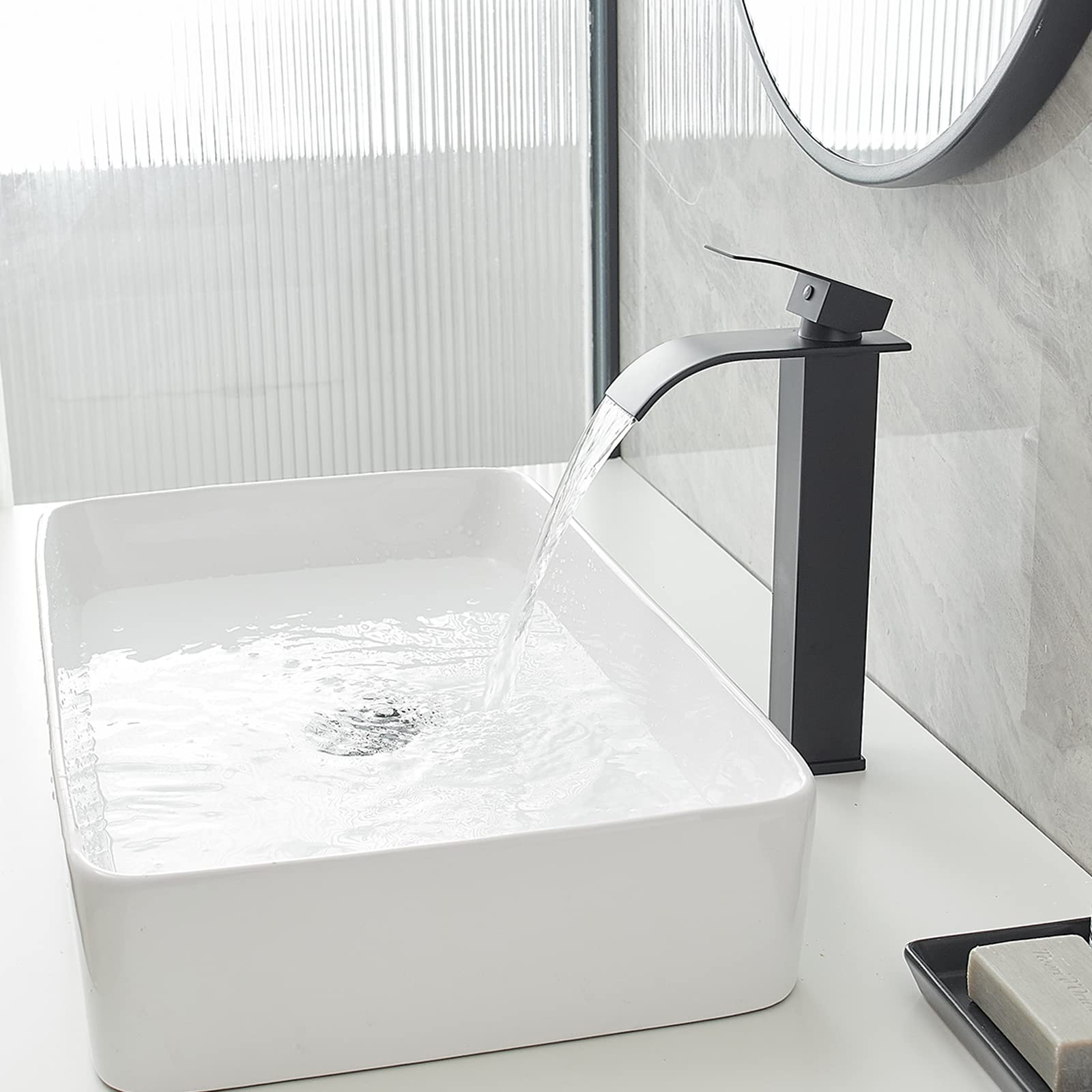 Bathfinesse Vessel Sink Faucet Waterfall Bathroom Faucet Matte Black Stainless Steel Tall Single Handle One Hole Deck Mount Bowl Vanity Sink Faucet with Pop-up Drain Stopper