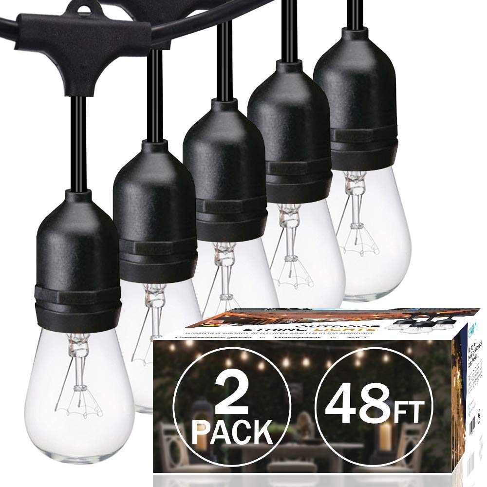 Banord Outdoor String Lights, 2 Pack 48ft Waterproof Patio String Lights, Commercial Dimmable ETL Approved 15 Base Sockets, 18 S14 Bulbs(3 Spares) 2700K WarmWhite for Backyard Porch Garden