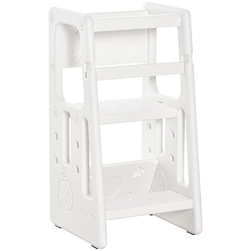 Qaba Toddler Tower with Adjustable Height, Toddler Kitchen Stool Helper with Anti-Slip Mat, Step Stool for Kitchen, Bathroom, White