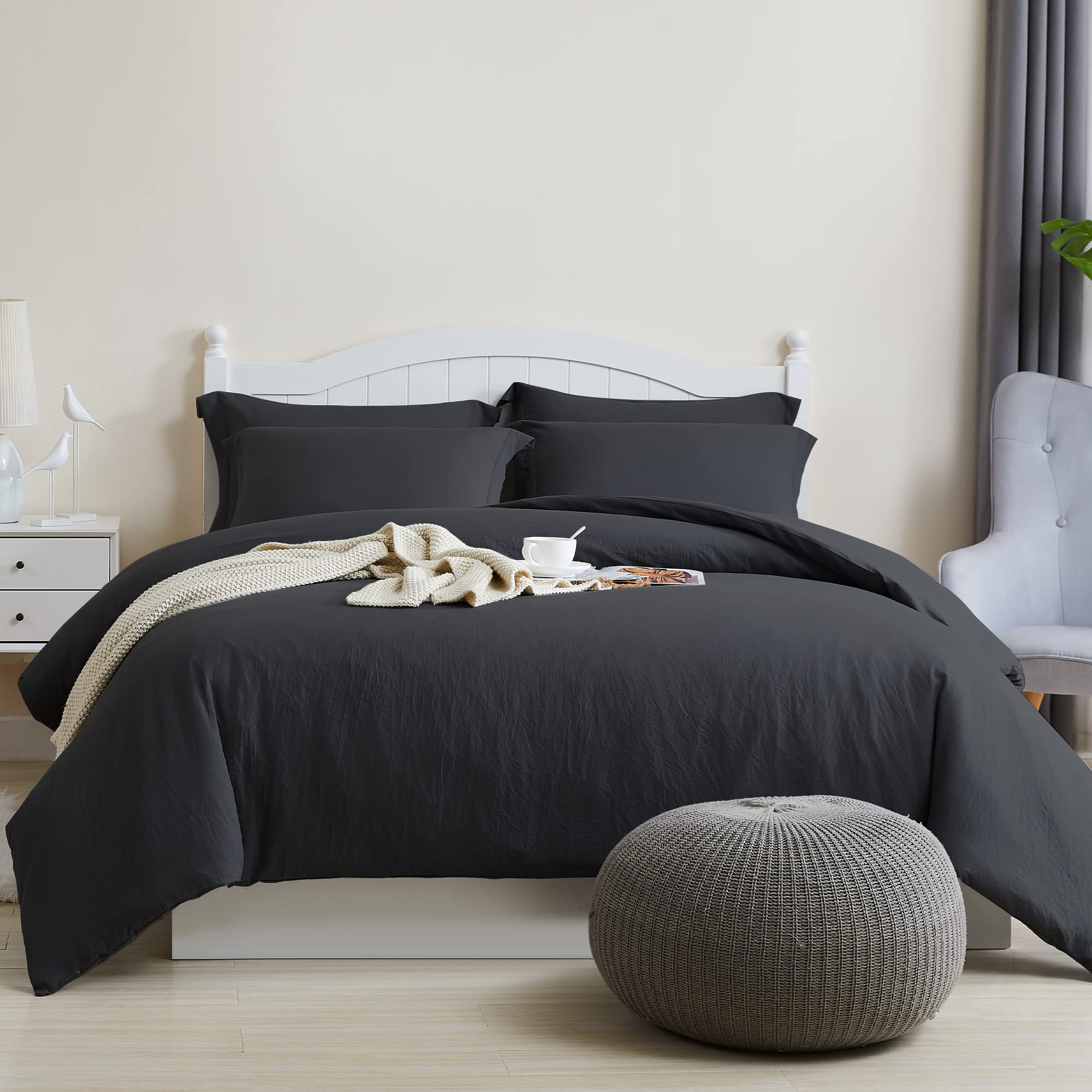 DREAMCARE Washed Microfiber Duvet Cover Queen Gray Queen Duvet Cover Set 5 Pcs - Washed Duvet Covers, Queen Size Duvet Covers - 1 Soft Duvet Cover Queen Size and 4 Pillow Shams, Cooling Duvet Cover