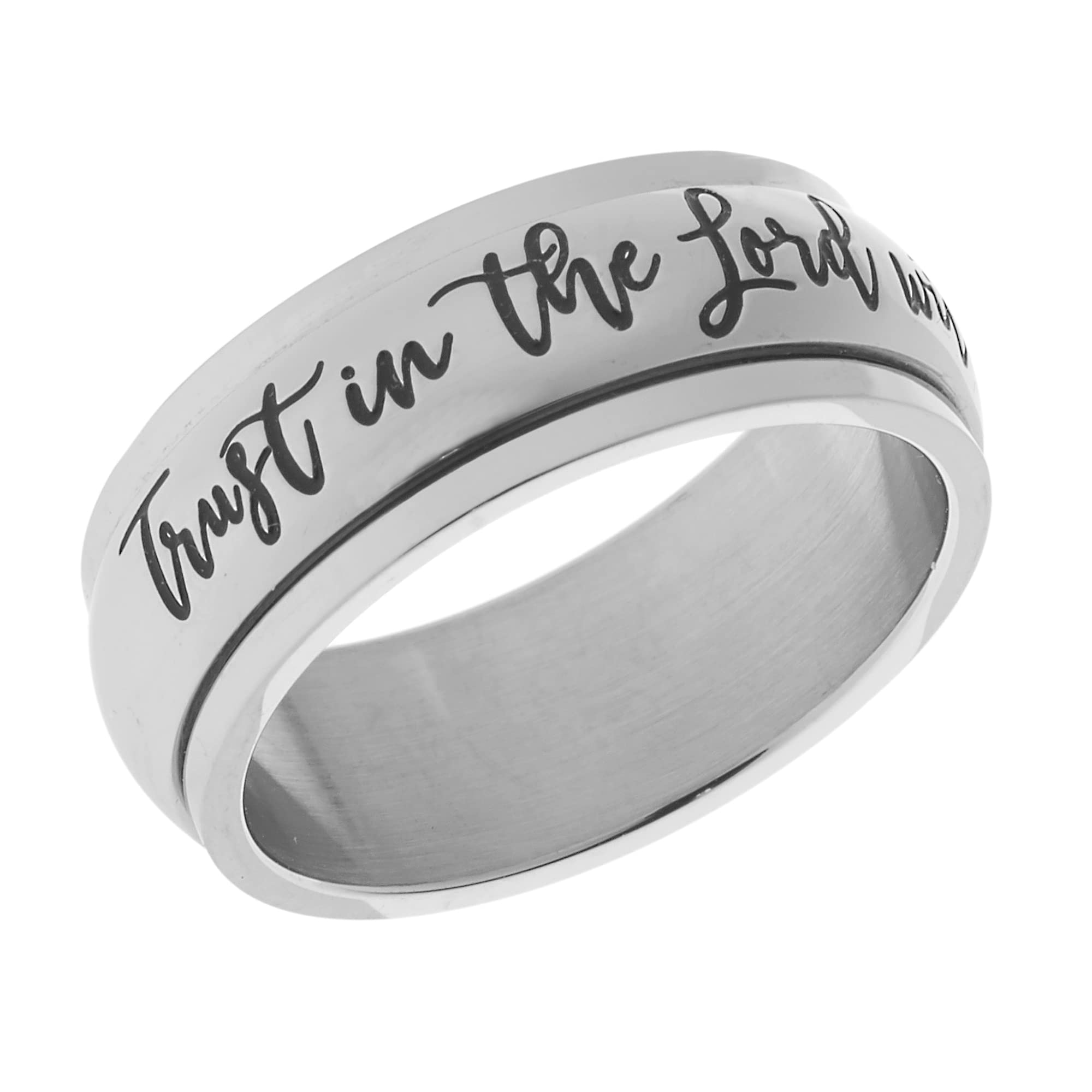 Beads & Pearls Jewelry 8mm Stainless Steel Women's Men's Spinner Ring - Trust in The Lord with All Your Heart Christian Religious Ring Jewelry, Spinner Anxiety & Stress Relief, Size 7, Silver