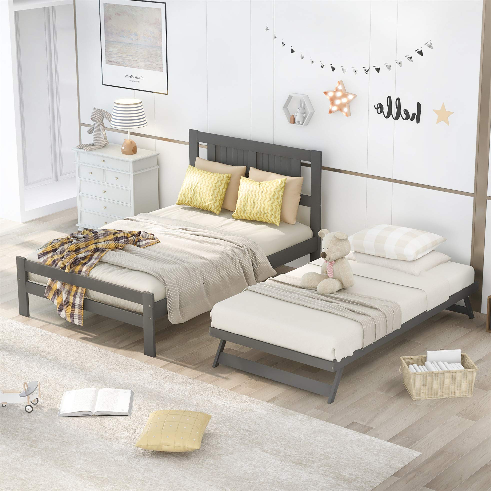 Harper & Bright Designs Full Size Platform Bed with Adjustable Trundle, Wooden Full Bed Frame with Headboard, No Box Spring Needed (Gray)