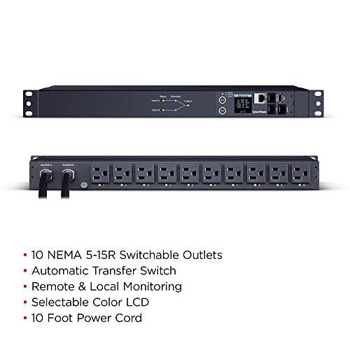 CyberPower PDU44001 Switched ATS PDU, 100-120V, 15A (Derated to 12A), 10 Outlets, 1U Rackmount