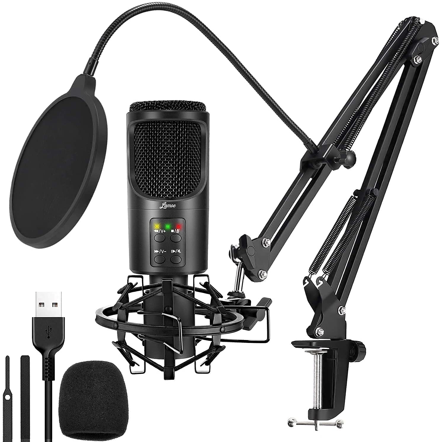 Lamoe USB Podcast Studio Condenser Mic, Recording Condenser Microphone kit with Boom Arm Sound Card 192KHZ/24Bit, Plug & Play Instrument Microphones for PC Karaoke YouTube Streaming Gaming-U188