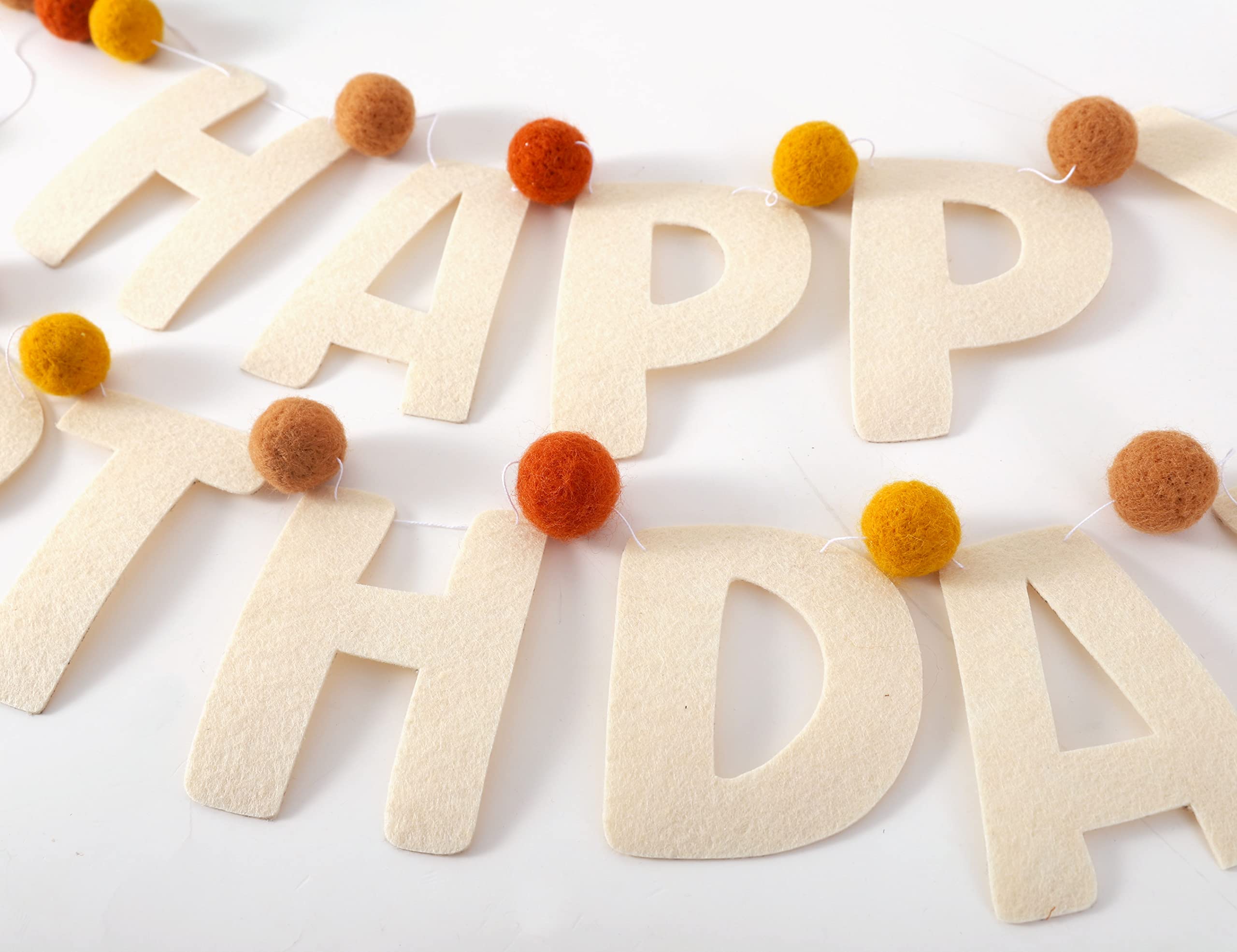 Boho Felt Happy Birthday Garland - Natural Handmade Wool Letters & Balls, Boho Birthday Decoration, Decorations for Children's Birthday Parties, Assembled Happy Birthday Banner