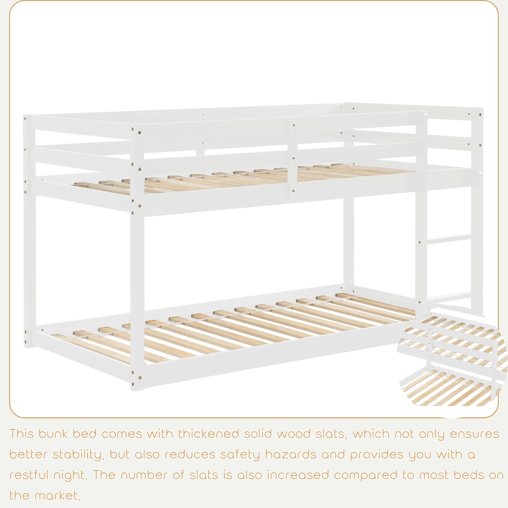 Harper & Bright Designs Low Bunk Beds Twin Over Twin Wood Twin Bunk Bed Frame with Safety Rail Ladder for Kids Bedroom Twin Floor Bunk Bed for Boys Girls Teens, White