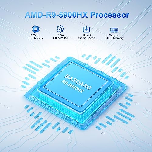 BASOARO AMD Ryzen 9 Mini PC 32GB RAM Mini PC Windows 11 Pro Ryzen 9 5900HX Small Form PC 1TB SSD HD DP Type-C Triple Display I226-V (2.5G) LAN 4K UHD TPM 2.0 Built-in Fan VESA Mount Mini Computer