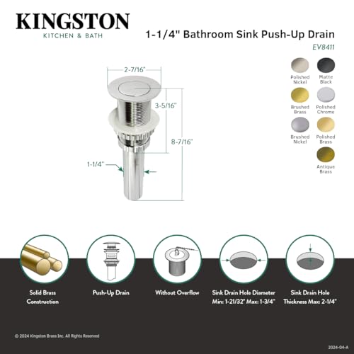 Kingston Brass EV8417 Coronet Push Pop-Up Bathroom Sink Drain Without Overflow, Brushed Brass 8.44 x 2.44 x 2.44