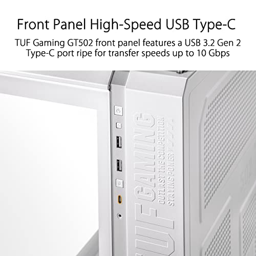 ASUS TUF Gaming GT502 White ATX Mid-Tower Computer Case,Front Panel RGB Button,USB 3.2 Type-C,2x USB 3.0 Ports,Tool-free Side Panel,ARGB Hub, 360mm and 280mm Radiator compatible, Fabric Handle on top.