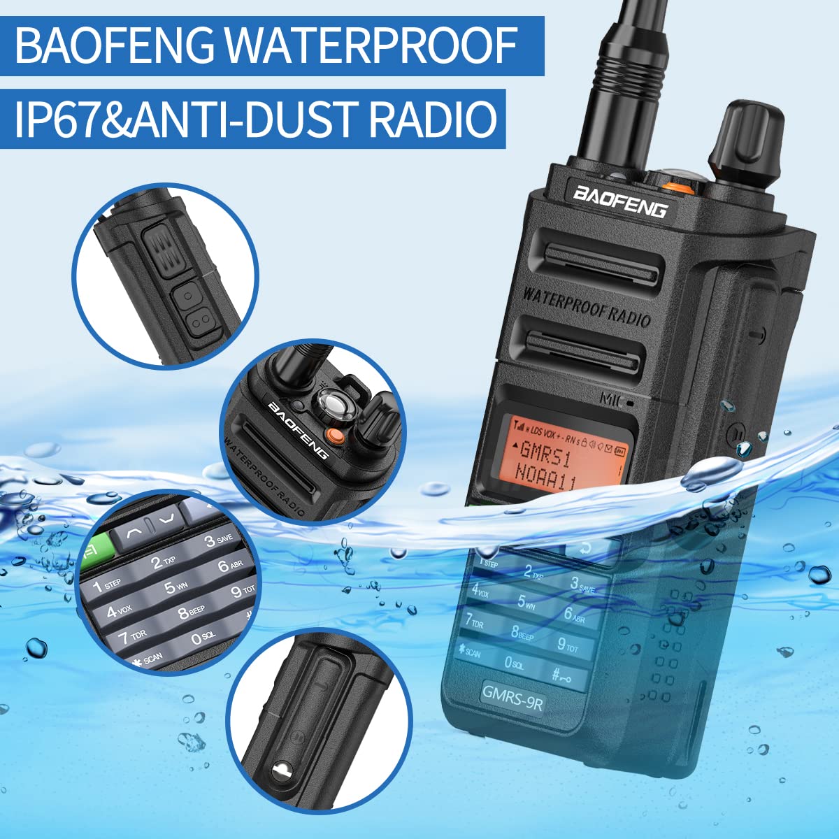 BAOFENG GMRS Radio Waterproof IP67,GMRS-9R Two Way Radios Long Range Handheld Radio Rechargeable,Dual Band NOAA Scanner, GMRS Repeater Capable, with Type-C Charger AR-771 Antenna Headsets etc,2pack