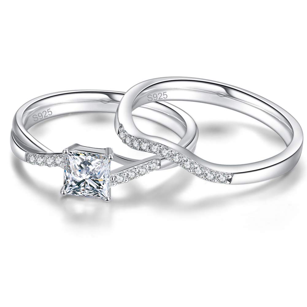 AVECON 925 Sterling Silver Women's Infinity Wedding Ring Set Halo Square CZ Cubic Zirconia Engagement Band Bridal Sets Size 7