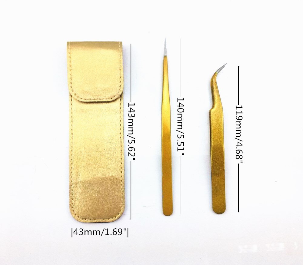 yueton 2pcs Gold Color Coated Stainless Steel Straight and Curved Head Tweezers with Leather Case for Eyelash Extension