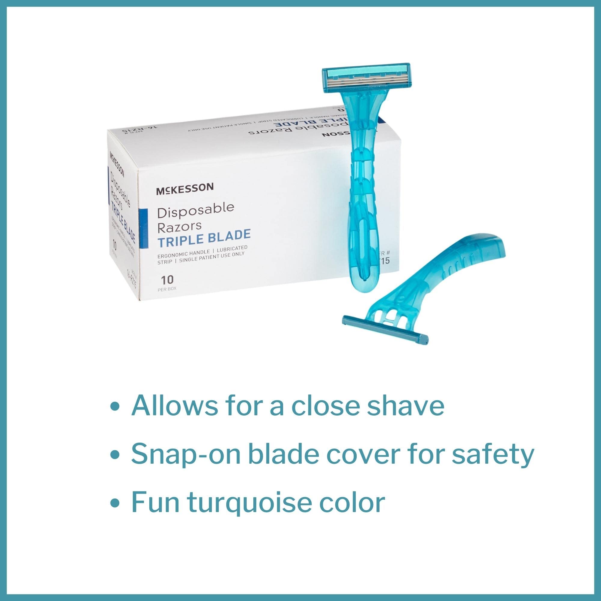 McKesson Disposable Razors, Stainless Steel Triple Blade, Lubricated Strip, Ergonomic Handle, Turquoise, 10 Count, 1 Pack