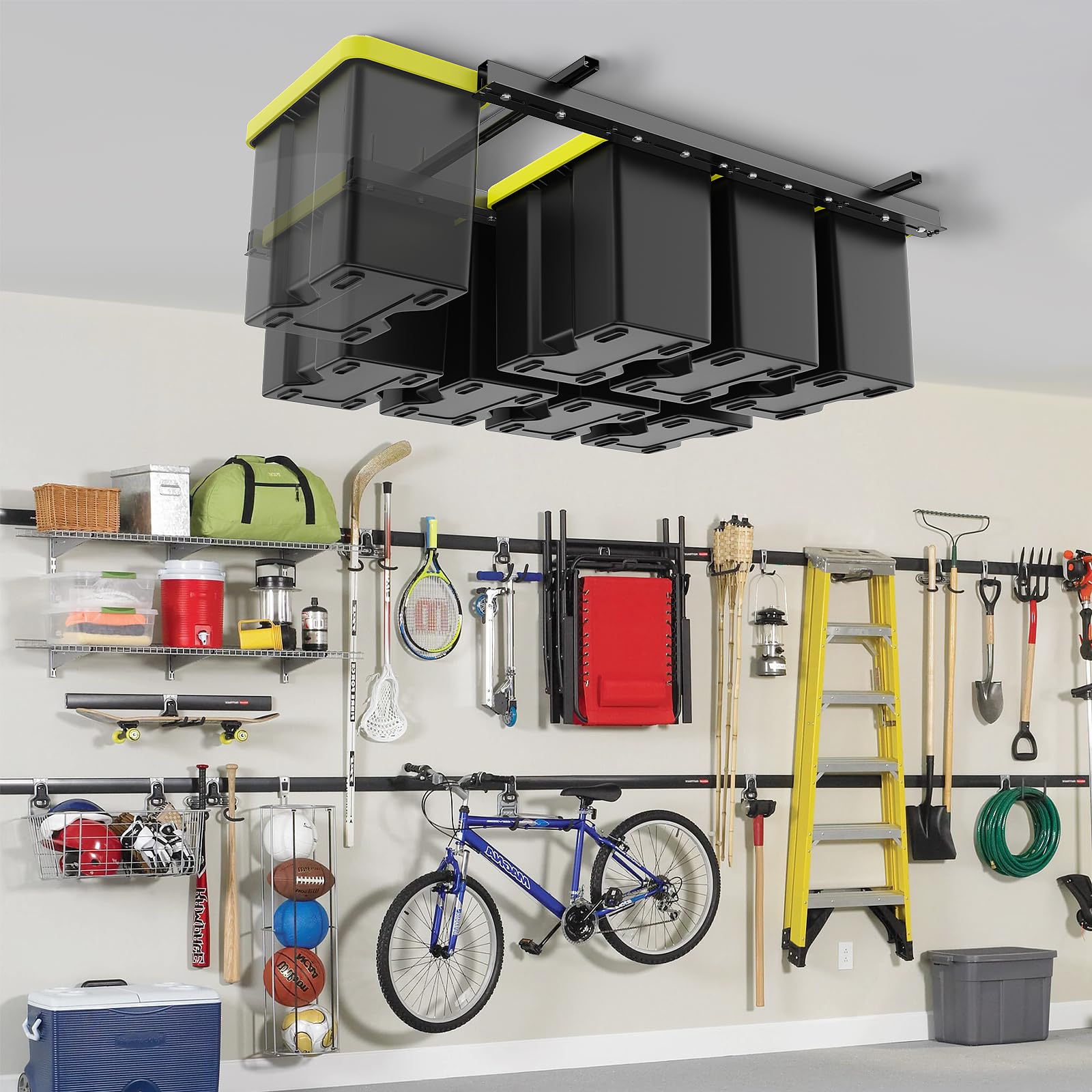BEAMNOVA Overhead Garage Storage Rack,Ceiling Bin Rails Storage Heavy Duty Metal Garage Ceiling Storage Racks,Overhead Tote Storage Rail System,Overhead Bin Storage (Black) 48" x 48"
