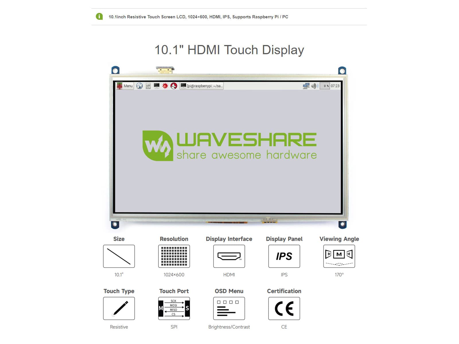 waveshare 10.1inch Resistive Touch Screen LCD Compatible with Raspberry Pi 4B/3B+/3A+/2B/B+/A+/Zero/Zero W/WH/Zero 2W CM3+/4 1024×600 Resolution HDMI IPS Supports Windows