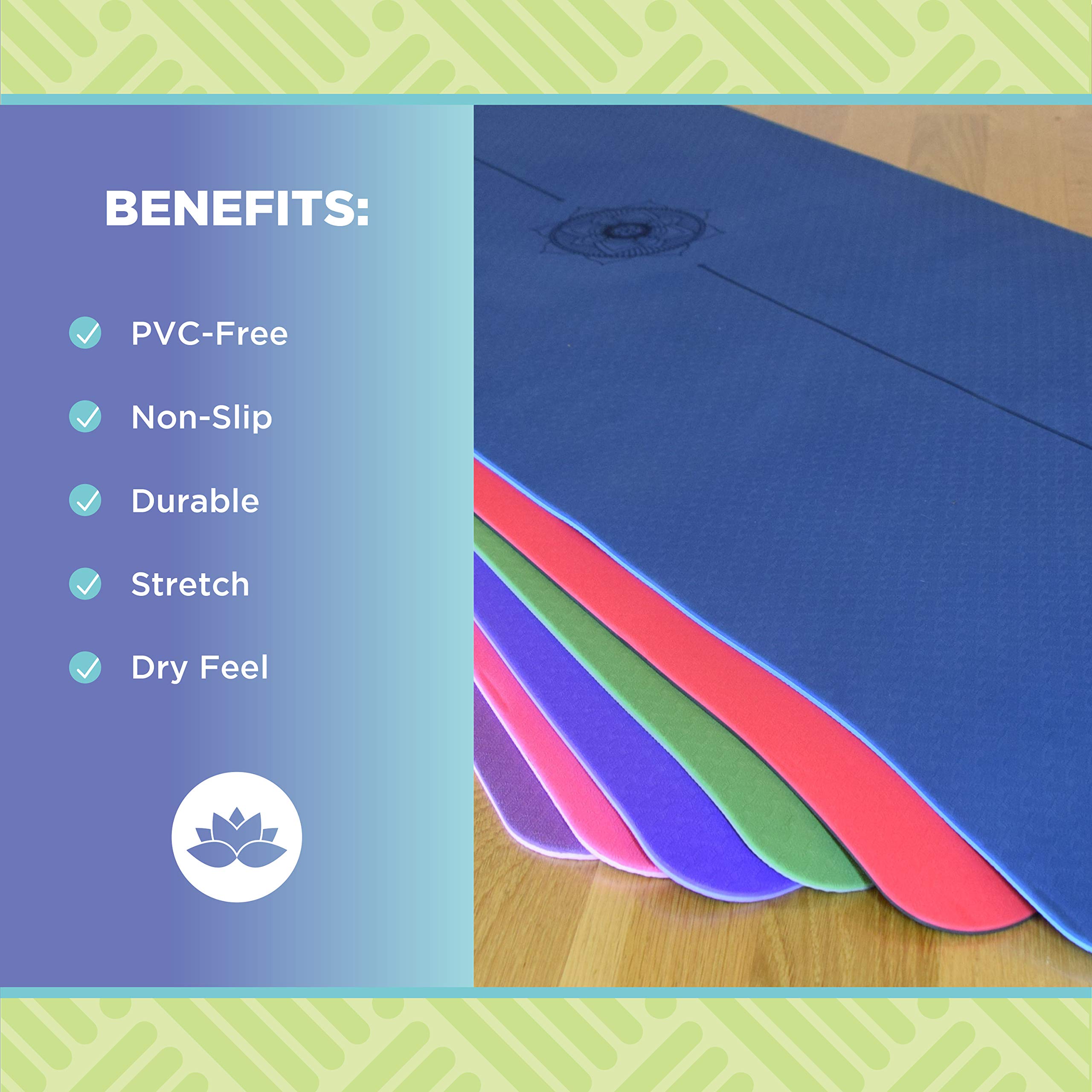 Bean Products SuperLite TPE Yoga Mat | Centering Mandala Design | Extra-long | Non-skid, Slip Resistant | Earth-friendly exercise gym mat | (4mm thick x 24” wide x 72” long) | Grass Green…