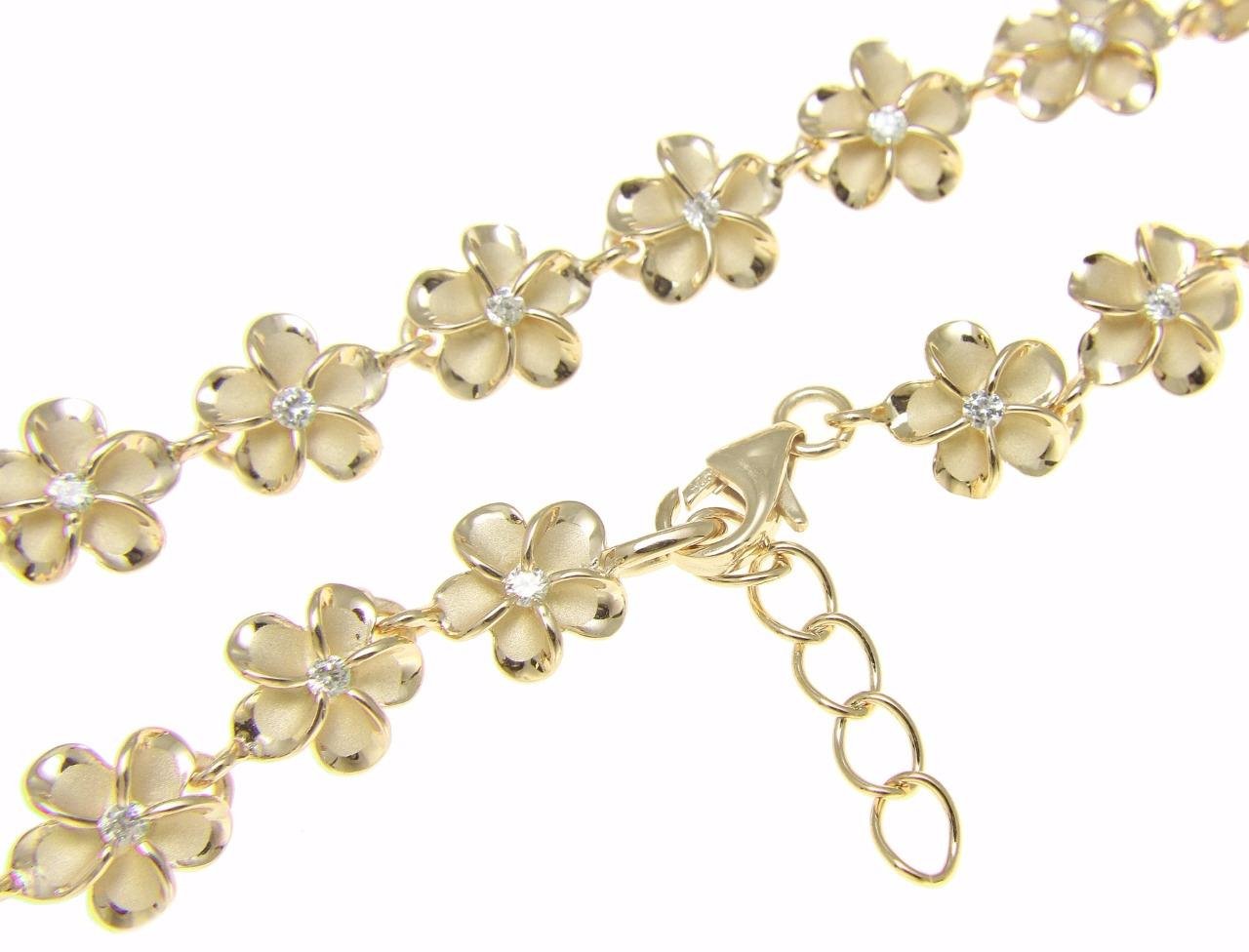 Arthur's Jewelry 925 Sterling silver yellow gold plated Hawaiian 10mm cz plumeria flower bracelet 7"