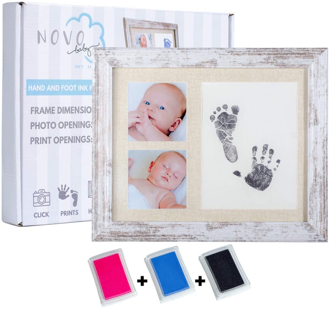 Baby Footprint & Handprint Photo Frame Kit, Includes Ink Pads 3 : Pink + Blue + Black, Perfect for Boy & Girl, Newborn Keepsake Frame, Foot & Hand Impression