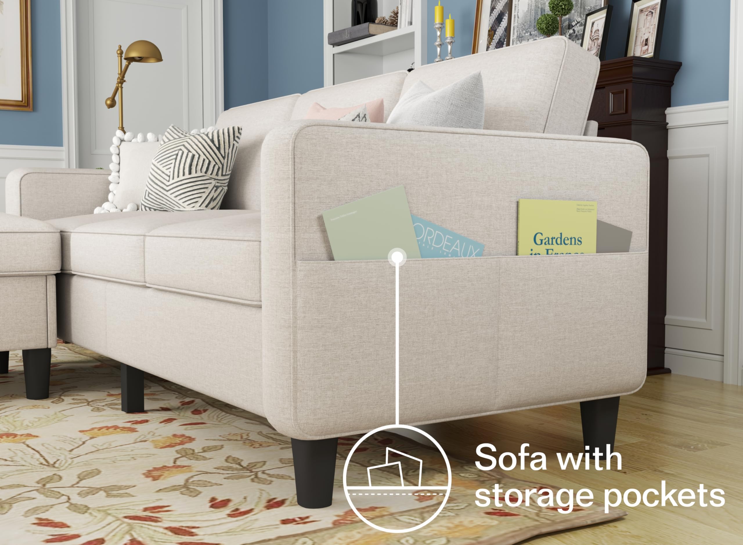 Woyomeub Sectional Sofa 78" Couch Couches for Living Room with Storage Ottoman Beige Modern L Shaped 3 Seater Sofas for Small Space Dorm APT