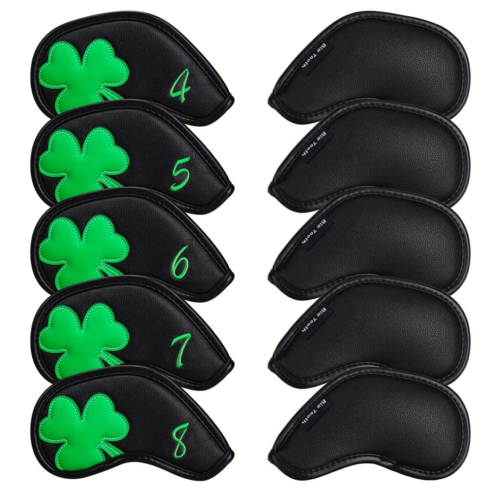 Big Teeth Golf Iron Covers Iron Head Covers Golf Club Head Covers Iron Covers for Golf Clubs 10pcs/Set Iron Covers Golf Head Covers Black Classic Lucky Clover Fits Taylormade SIM Calloway Rogue X