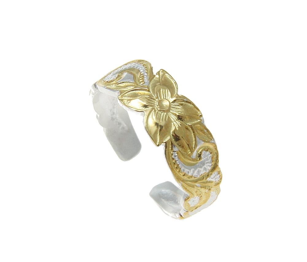 Arthur's Jewelry 925 sterling silver 2 tone yellow gold plated Hawaiian plumeria flower scroll 6mm cut out open toe ring