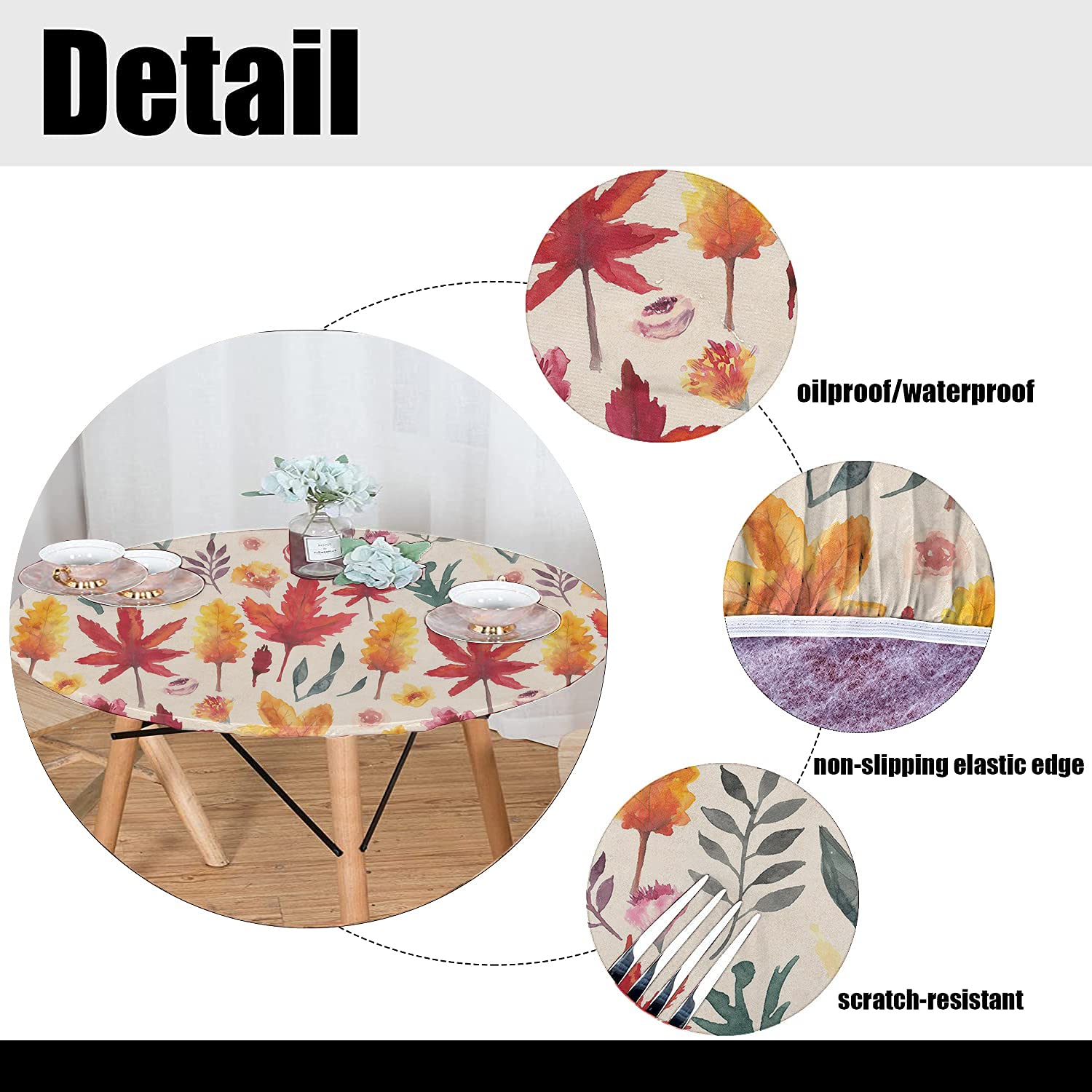 Atury Fall Tablecloth,Maple Leaves Oval Elastic Edged Table Cloth,Oil-Proof Washable Polyester Cover for Indoor Holiday Family Banquet and Outdoor Patio Use(68 inch X 48 inch,Red,Oval