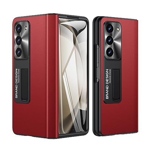 for Samsung Z-Fold-5 Cover: Genuine Leather Galaxy Fold 5 Kickstand Case[Hinge Protection][Screen Protector] Skin Felling - Durable Shockproof Protective Phone Case for Galaxy Fold 5 2023 - Red