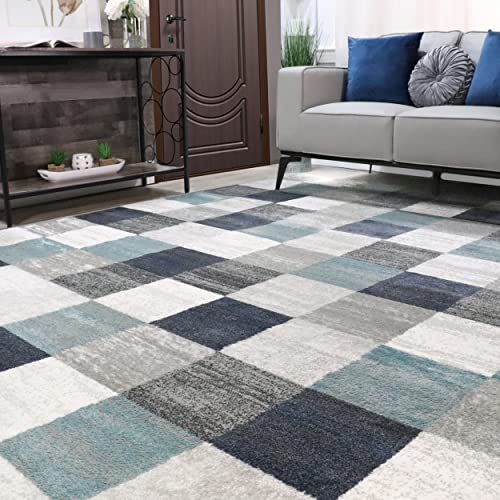 Superior Indoor Area Rug, Neutral Modern Geometric Home Decor For Living Room, Dining, Kitchen, Bedroom, Office, Nursery, Woven Rugs, Jute Backing, Rockaway Collection, 9' x 12', Majolica Blue
