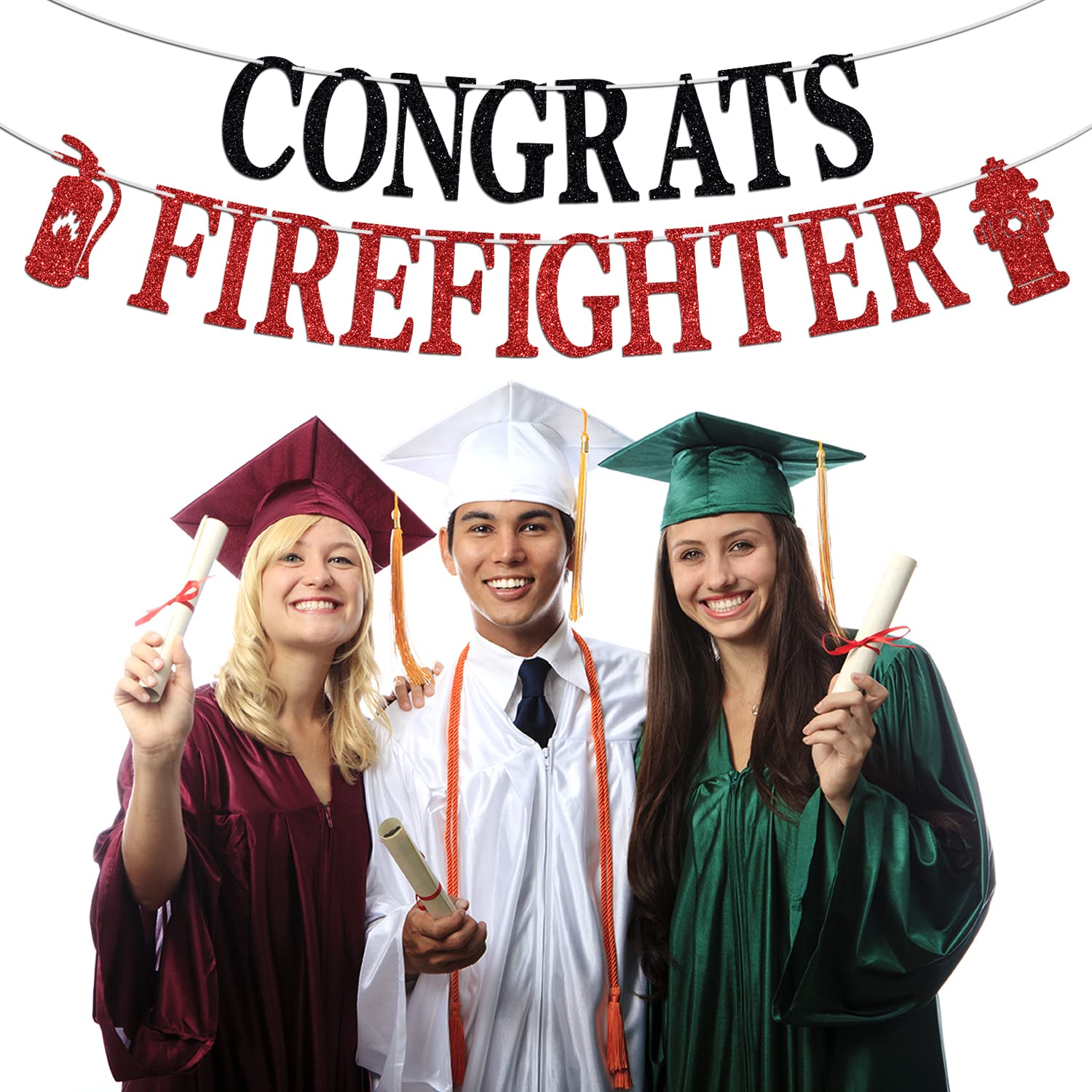 Congrats Firefighter Banner, Class of 2024/Congrats Grad, Fire Department Graduation Party Decoration Supplies for Fireman, Black and Red Glitter