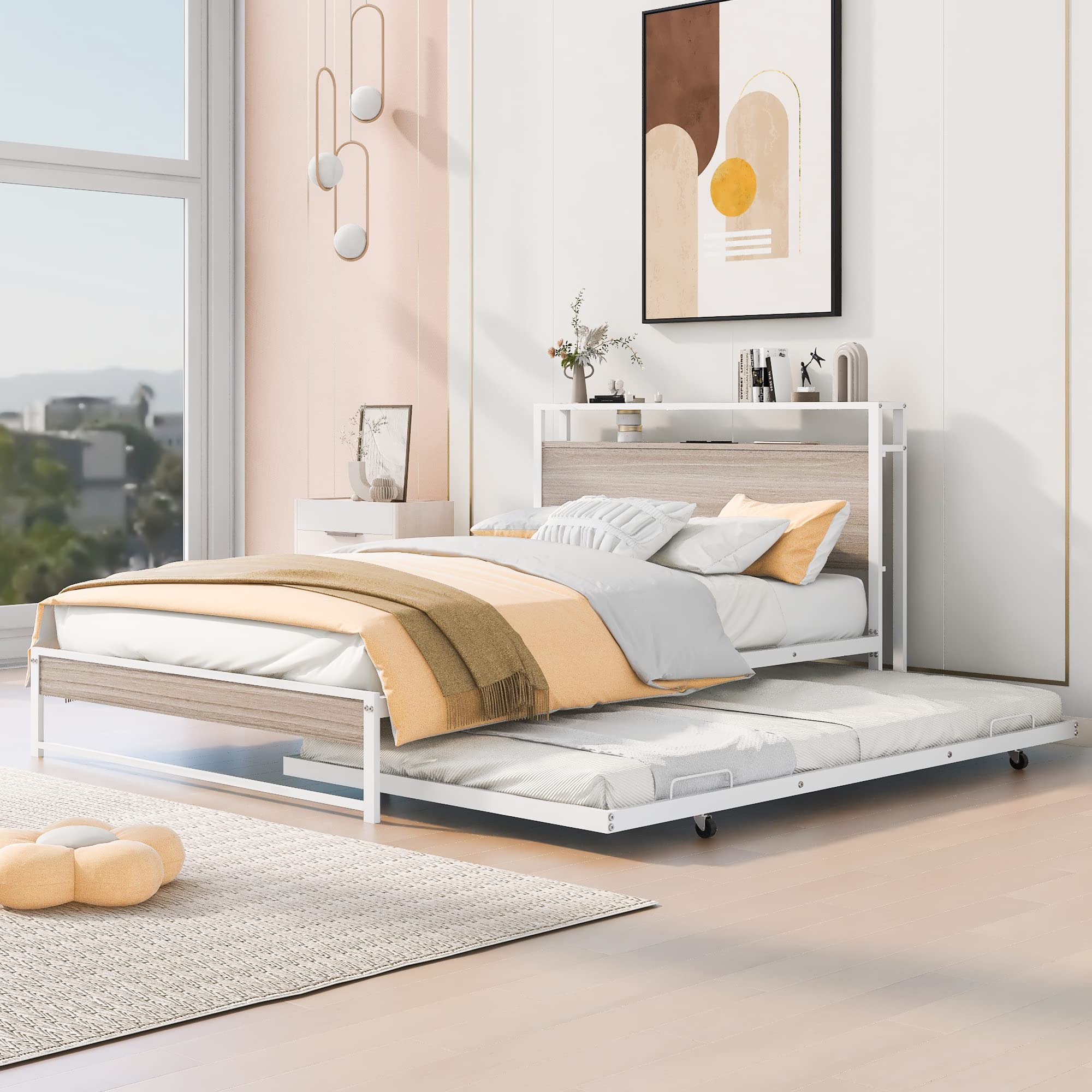 Harper & Bright Designs Full Platform Bed with Trundle and USB Ports, Metal Full Bed Frame with Storage Headboard and Steel Slat Support, for Bedroom and Guest Room (Full Size, White)