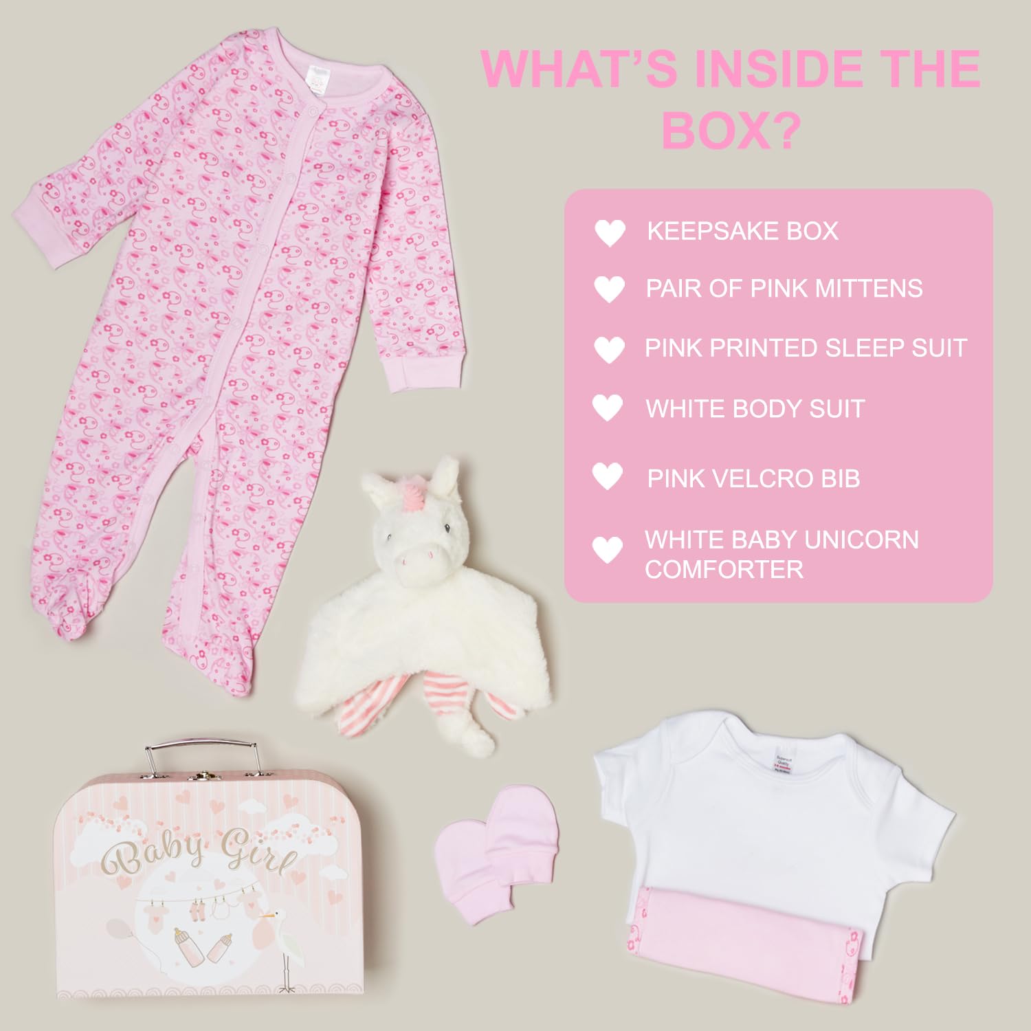 Baby Gift Set in Pink - Hamper for Baby Girl with Newborn Essentials Including a Comforter, Bodysuit, Sleepsuit, Cotton Bib and Mittens