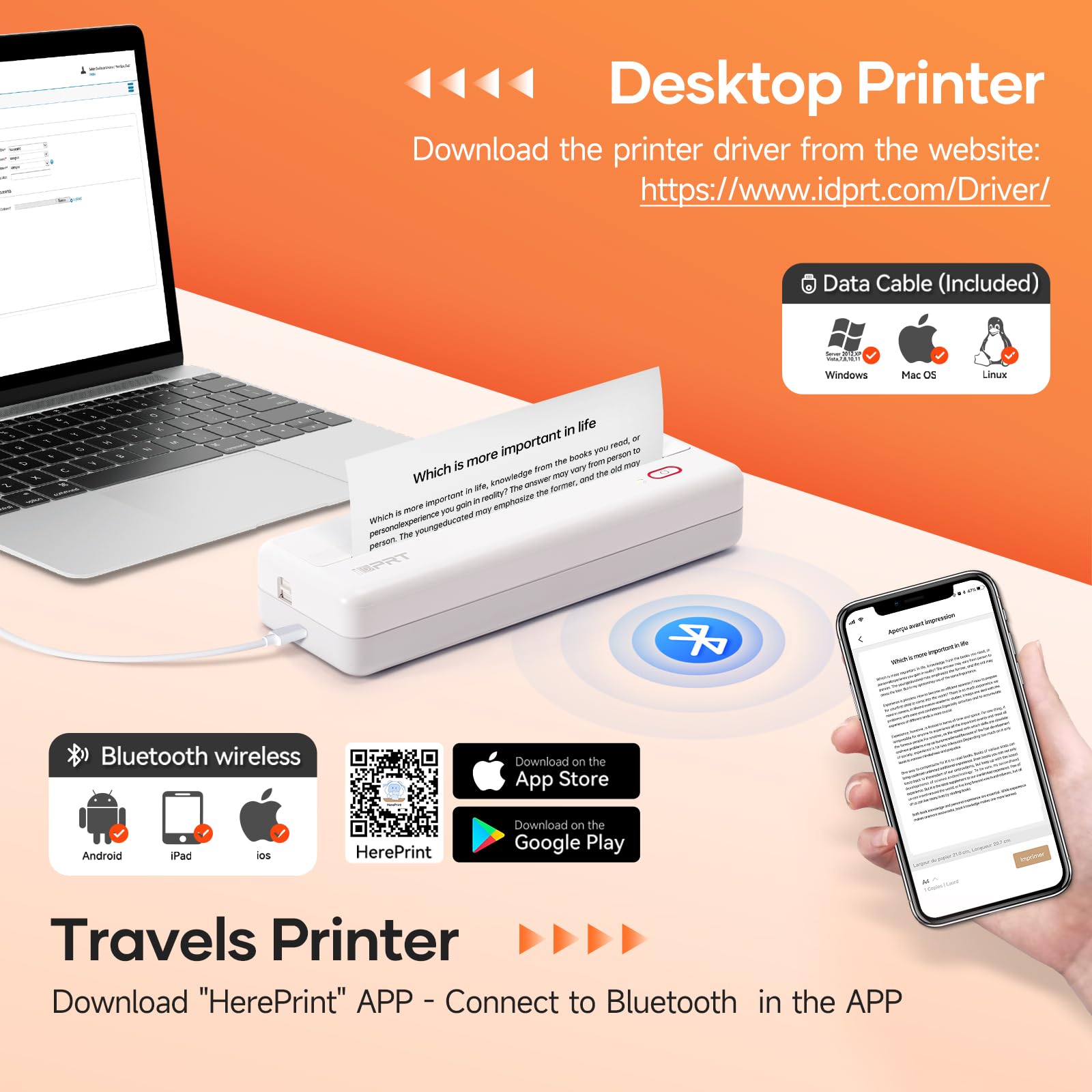 iDPRT MT890 Portable Wireless Printer - with Thermal A4 Paper, Bluetooth Inkless Printer for Travel/Home, Support US Letter&A4&A5 Size, Mobile Printer Compatible with iOS, Android & Laptop - White