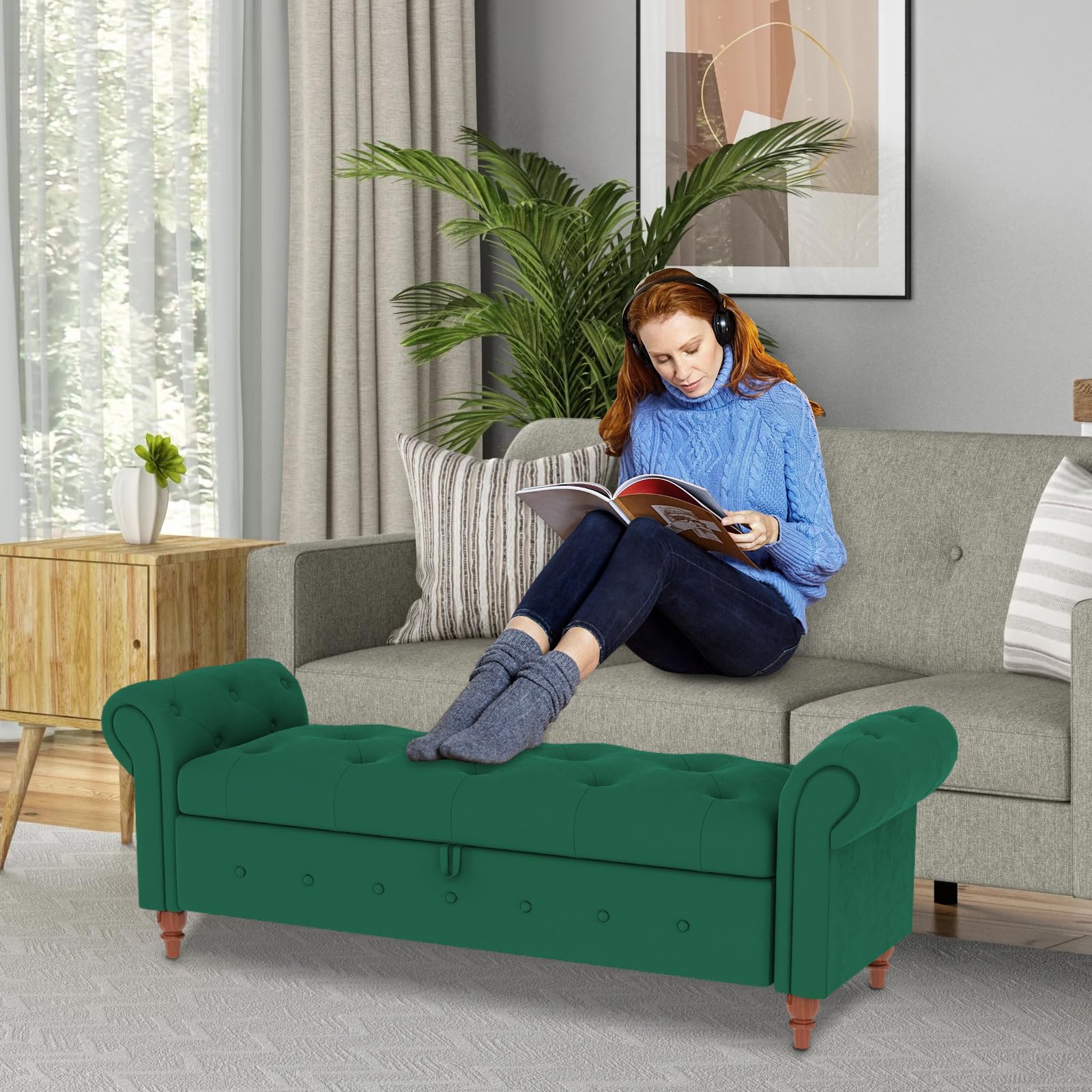 ayoodfo Storage Bench for Bedroom End of Bed, 63" Button Tufted Ottoman Bench, Rolled Armed Couch Long Bench Upholstered Window Bench for Bedroom, Living Room, Entryway, Dark Green