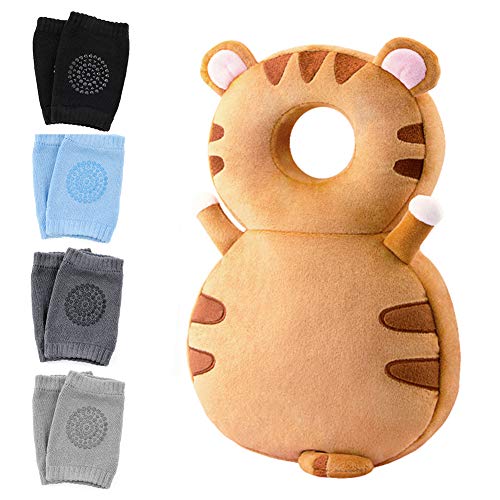 AUXSOUL 1 Pack Baby Head Protector with 4 Baby Knee Pads for Crawling, Toddlers Head Safety Pad Cushion Adjustable Backpack, Baby Back Protection for Walking&Crawling, 5-24months(Yellow Tiger)