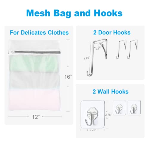 Hanging Laundry Hamper(30"L x 20"W) with 2 Adjustable Stainless Steel Over Door Hooks 30Lb& 2 Adhesive Hooks 2.75"L 25Lb & Grey Mesh Laundry Bag. Large Size Door Hamper for Kids Room, Bathroom, Dorm