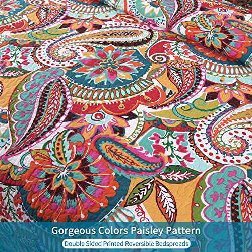 Qucover Quilt Sets Queen, 3-Piece Multicolor Paisley Cotton Queen Bedspread Quilt with 2 Pillow Shams, Patchwork Coverlet Set (Queen 90x98)